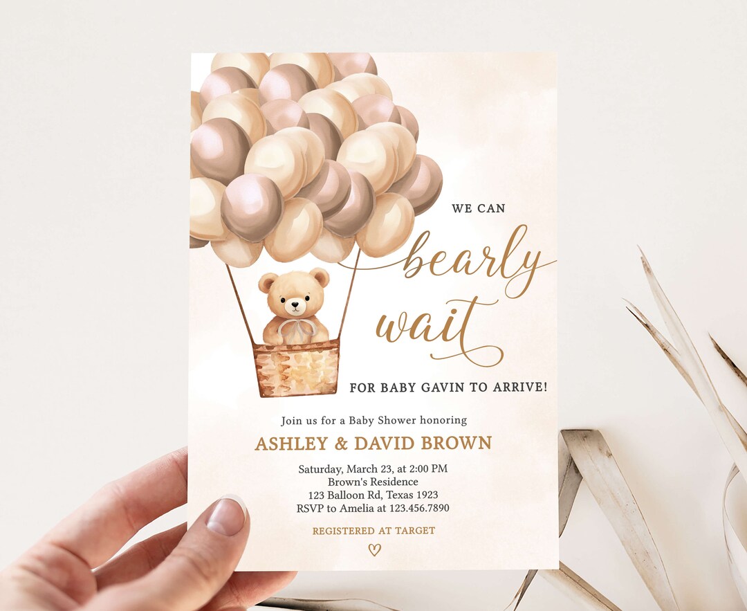 Editable Brown Bear Baby Shower Invitation, Hot Air Balloon Gender ...