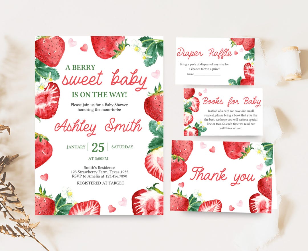 Editable Berry Sweet Baby Shower Invitation Bundle, Strawberry Baby ...