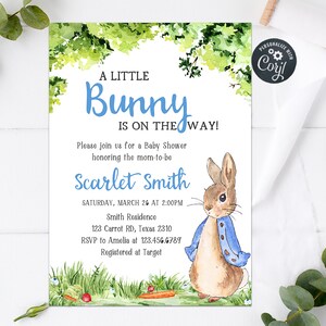 Editable Peter Rabbit Baby Shower Invitation Set, Blue Bunny Baby ...