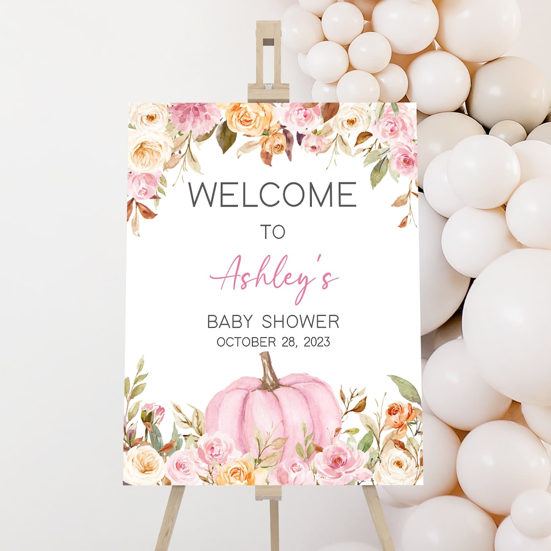 Editable Pink Floral Pumpkin Baby Shower Welcome Sign, Girl Fall Baby ...