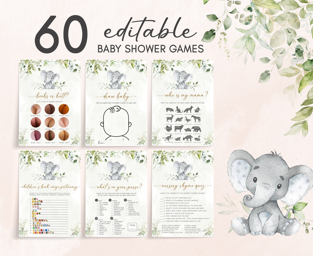 Editable Elephant Baby Shower Games Bundle, Greenery Gold Elephant Baby ...