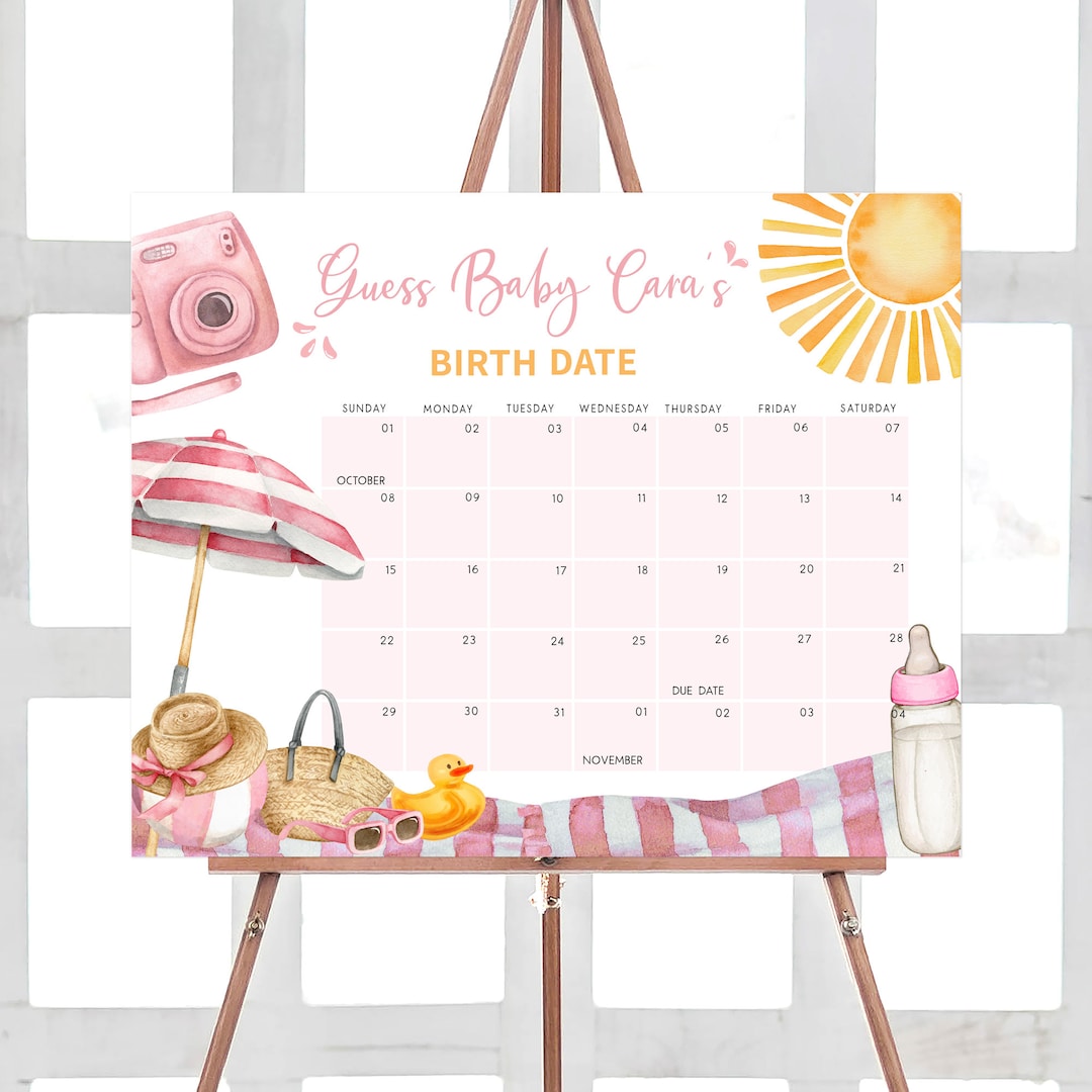 Editable Girl Beach Baby Shower Due Date Calendar, Splish Splash Baby ...