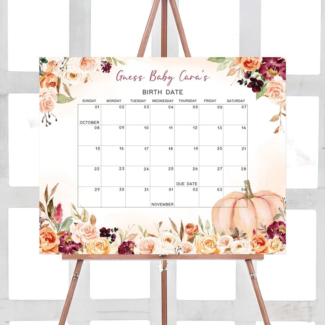 Editable Burgundy Fall Pumpkin Baby Shower Due Date Calendar, A Little ...