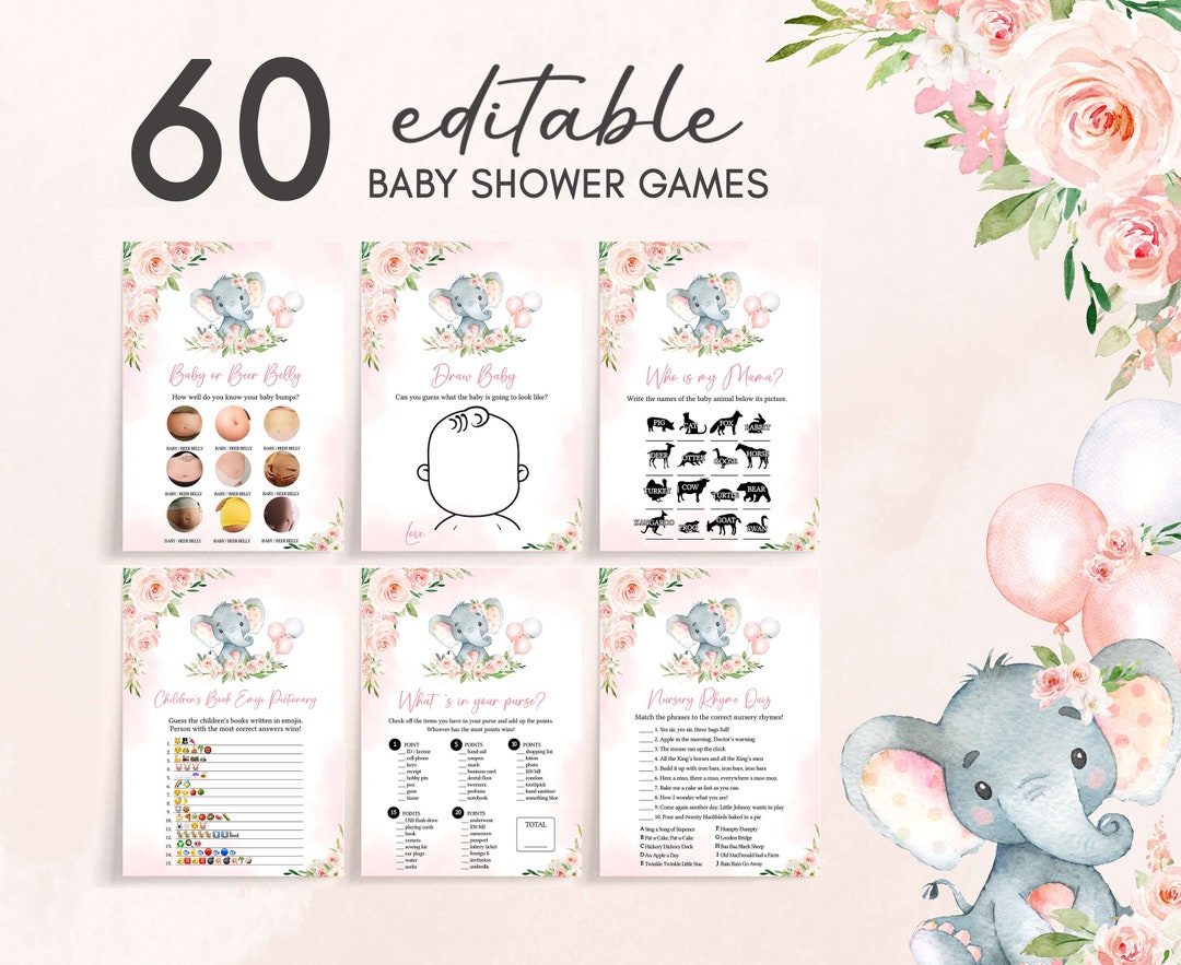 Editable Pink Elephant Baby Shower Games Bundle, Girl Elephant Balloon ...