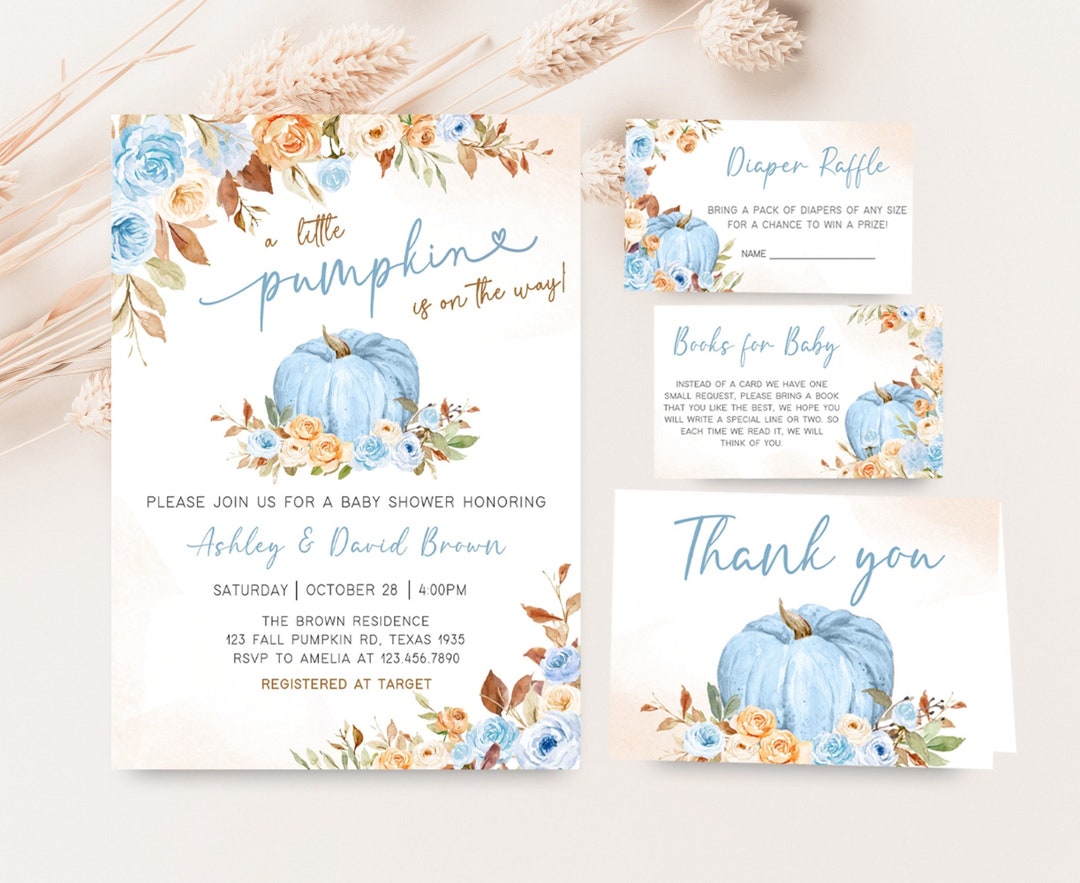 Editable Fall Blue Pumpkin Baby Shower Invitation Bundle, Boy Little ...