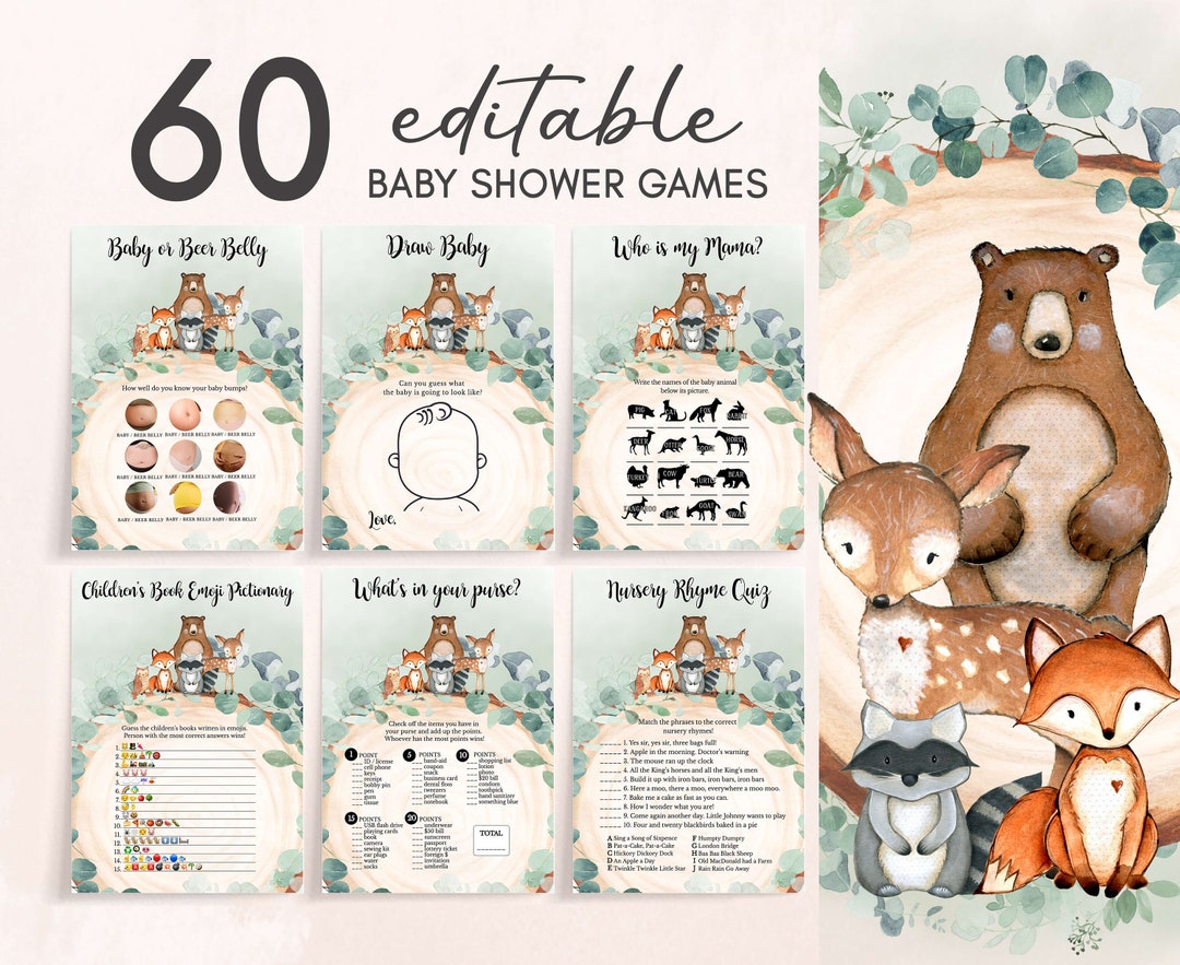 Woodland Baby Shower Games Bundle, Forest Wild Animals Baby Shower Game ...