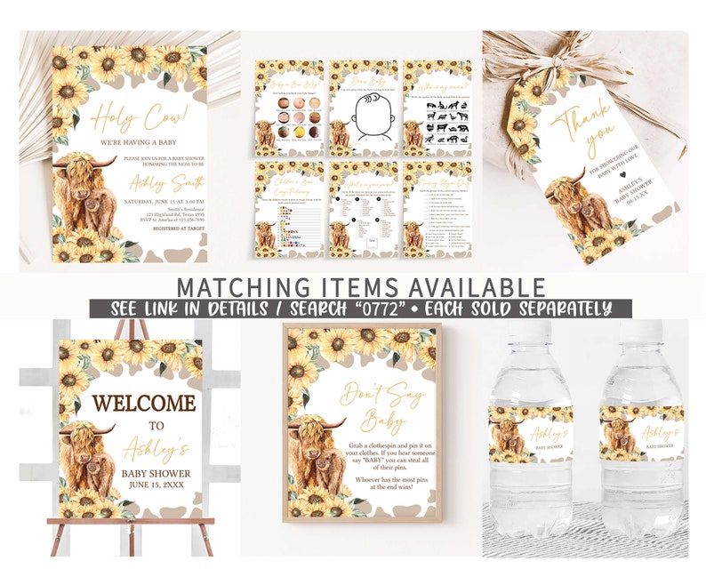 Editable Sunflower Cow Baby Shower Bottle Label, Highland Cow Baby ...