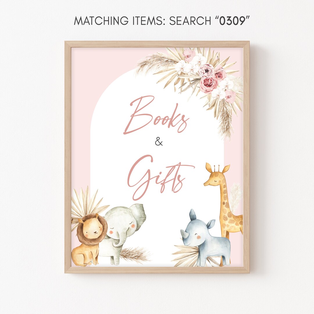 Boho Safari Baby Shower Books and Gifts Sign, Pink Floral Jungle Baby ...