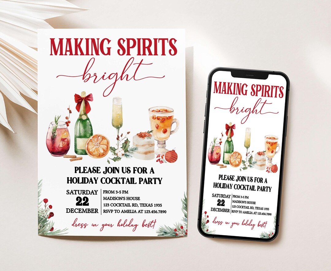 Editable Christmas Cocktail Party Invitation, Making Spirits Bright ...