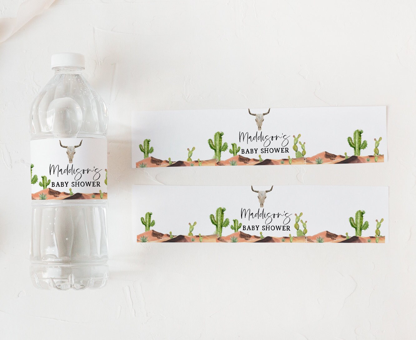 Editable Bull Skull Baby Shower Water Bottle Labels Southwestern Cactus ...