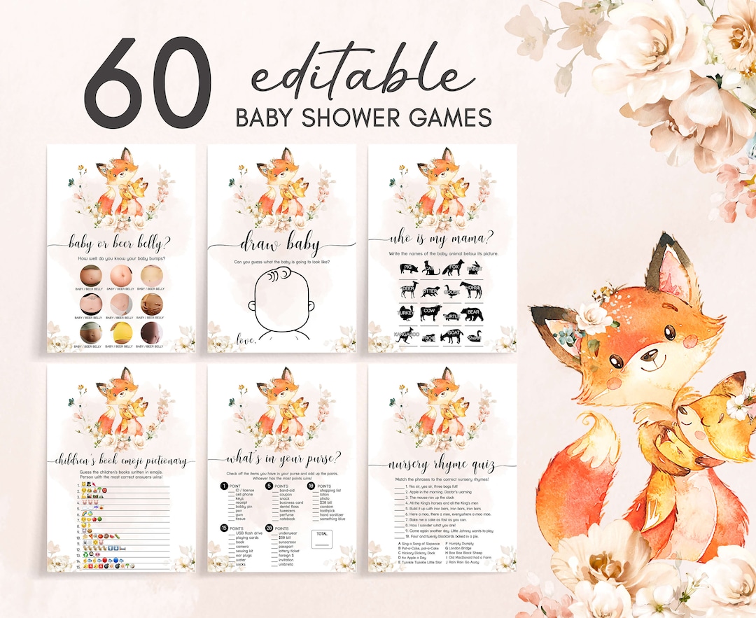 Editable Floral Fox Baby Shower Games Bundle, Girl Fox Baby Shower Game ...