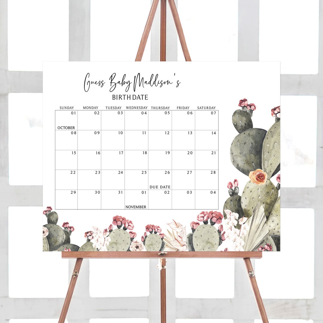 Editable Cactus Baby Shower Due Date Calendar, Fiesta Baby Shower ...