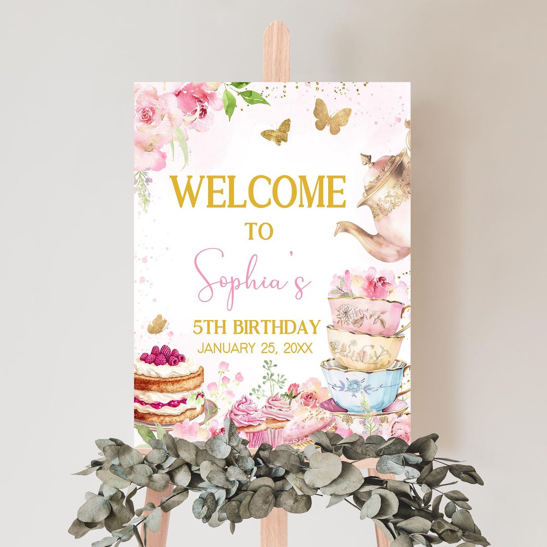 Editable Tea Party Birthday Welcome Sign, Floral Tea Party Welcome ...