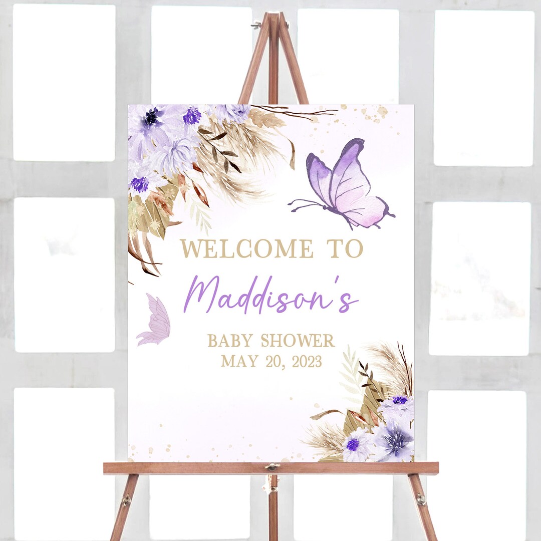 Editable Boho Butterfly Baby Shower Welcome Sign, Purple Butterfly ...