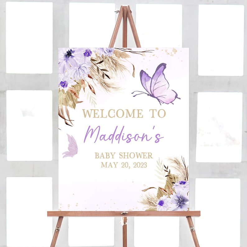Editable Boho Butterfly Baby Shower Welcome Sign, Purple Butterfly ...