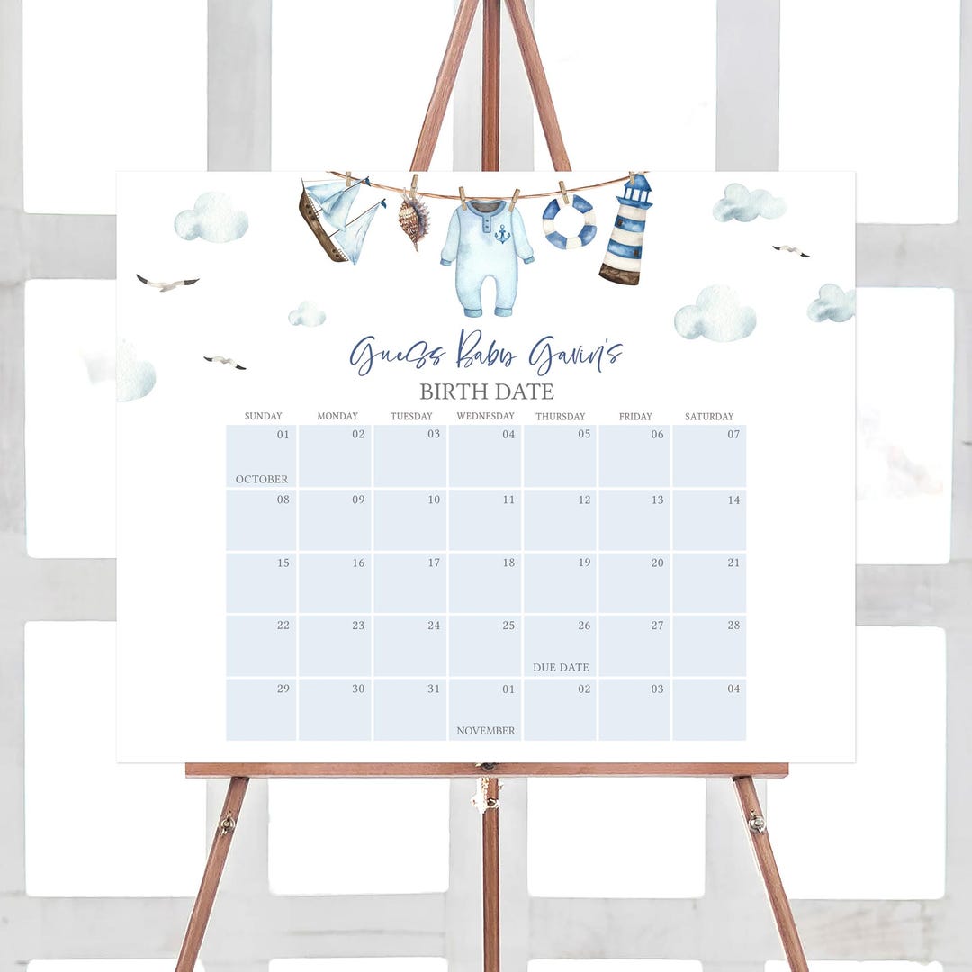 Editable Ahoy It's a Boy Baby Shower Due Date Calendar, Boy Sailboat ...