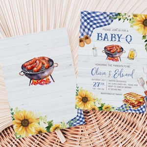 Editable Sunflower Blue Baby-q Baby Shower Invitation, Boy BBQ Baby ...