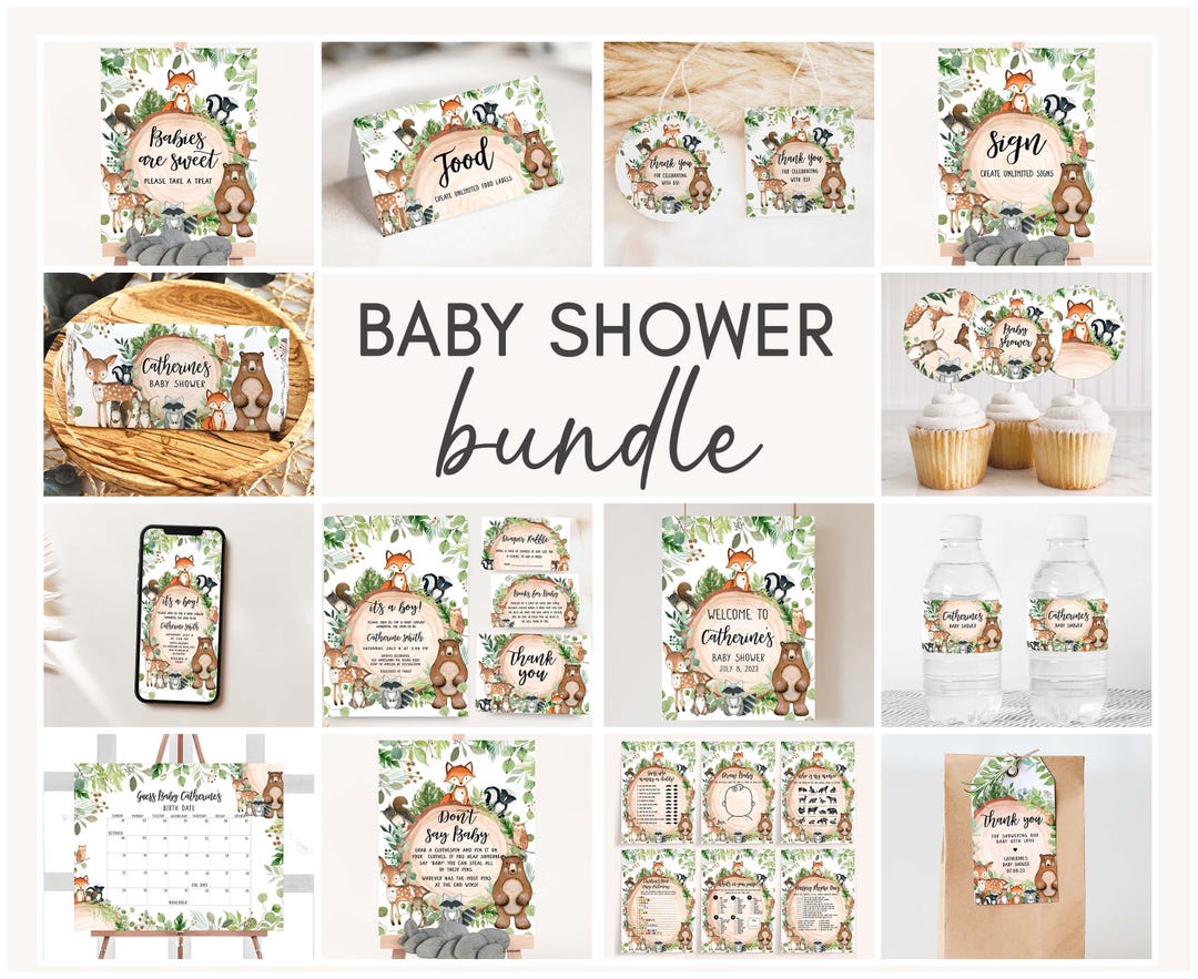Editable Woodland Baby Shower Bundle, Greenery Forest Animals Baby ...