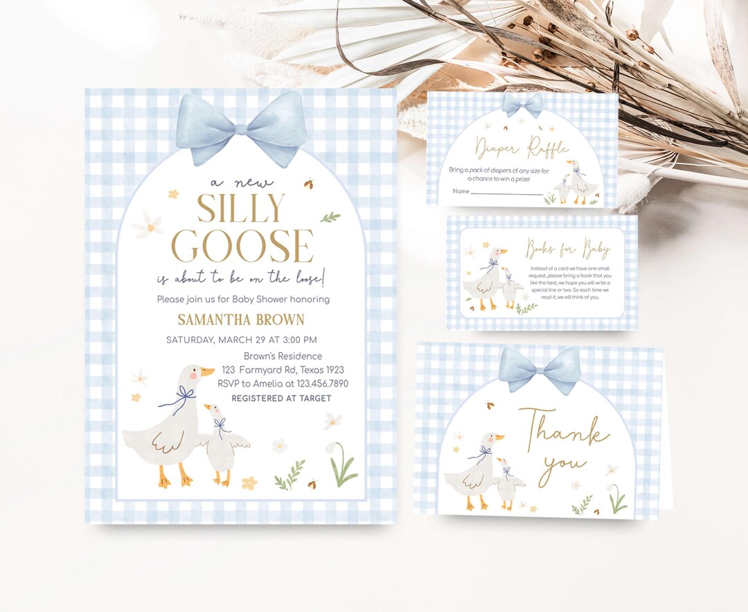 Editable Silly Goose Baby Shower Invitation Bundle, Gingham Daisy Goose ...