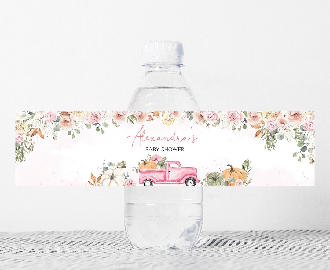 Editable Fall Pumpkin Truck Baby Shower Bottle Label, Pink Pumpkin Baby ...