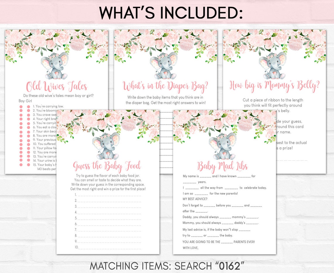 Pink Girl Elephant Baby Shower Game Bundle Blush Pink Floral | Etsy