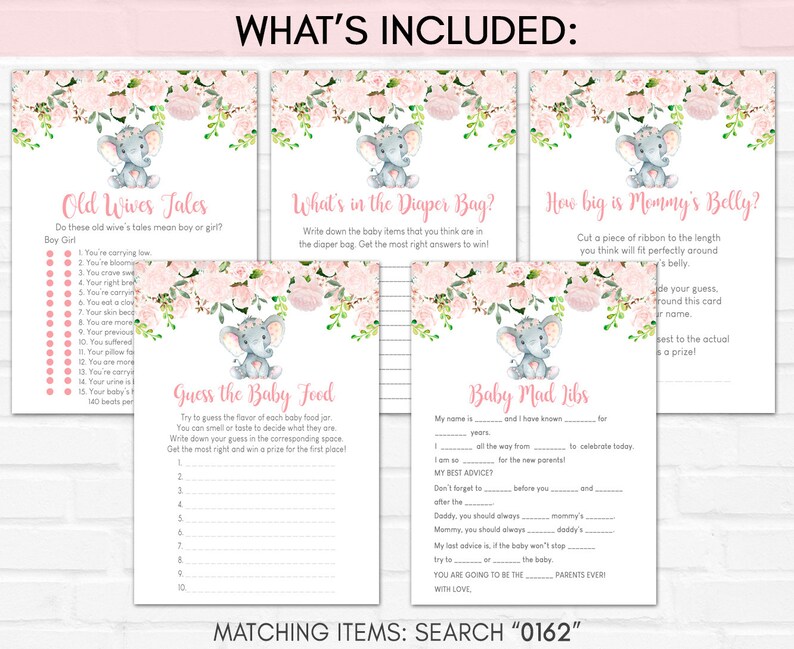 Pink Girl Elephant Baby Shower Game Bundle Blush Pink Floral | Etsy