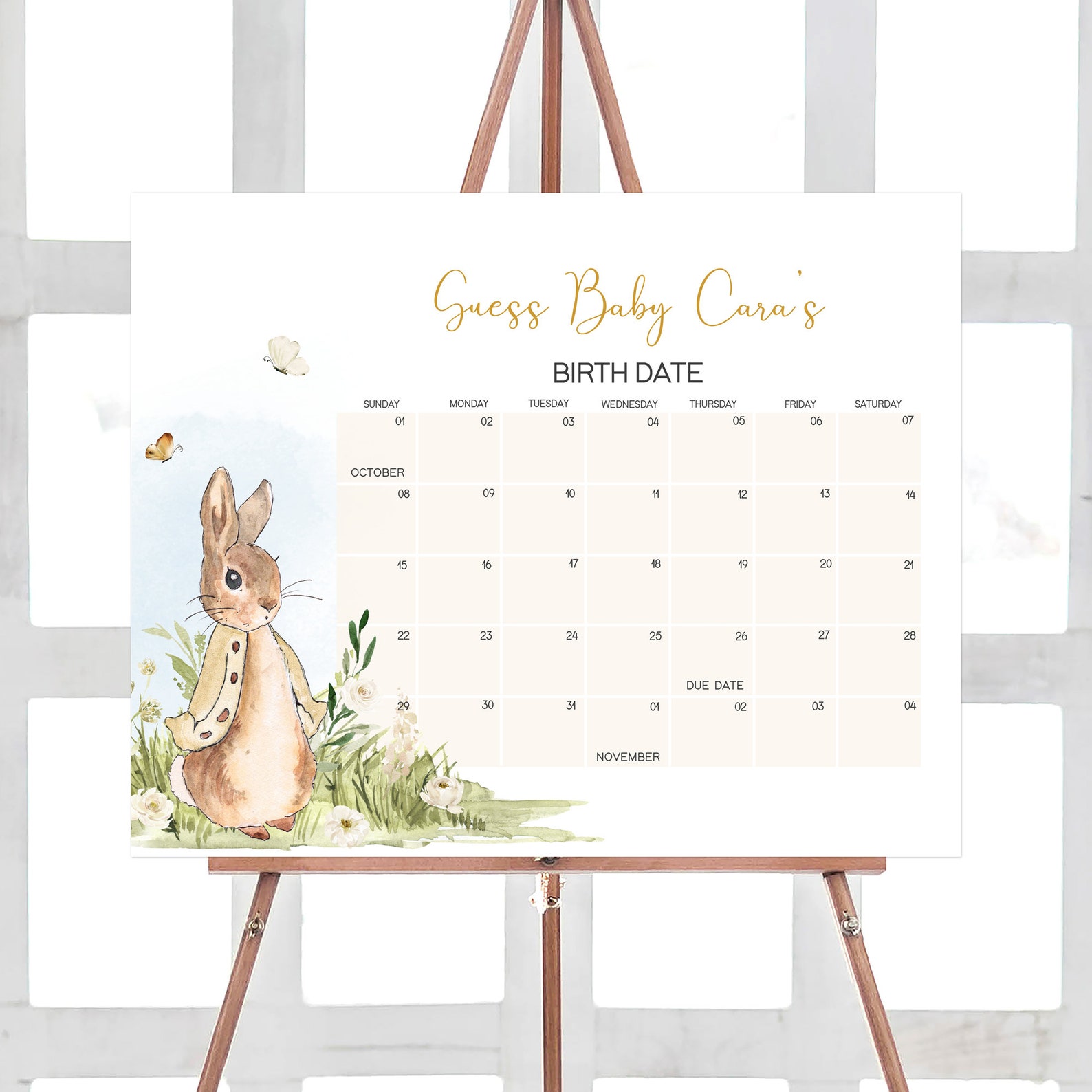 Editable Peter Rabbit Baby Shower Due Date Calendar, Rabbit Gender ...
