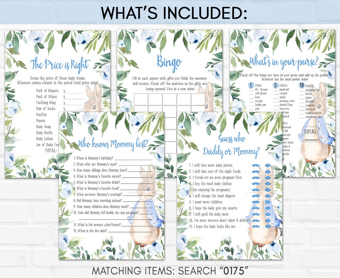Peter Rabbit Baby Shower Games Printable Blue Peter Rabbit | Etsy