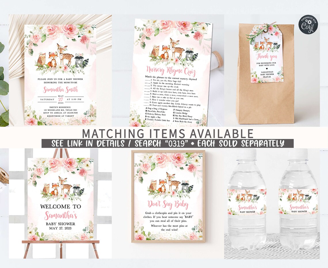Editable Girl Woodland Baby Shower Bottle Labels, Pink Floral Woodland ...
