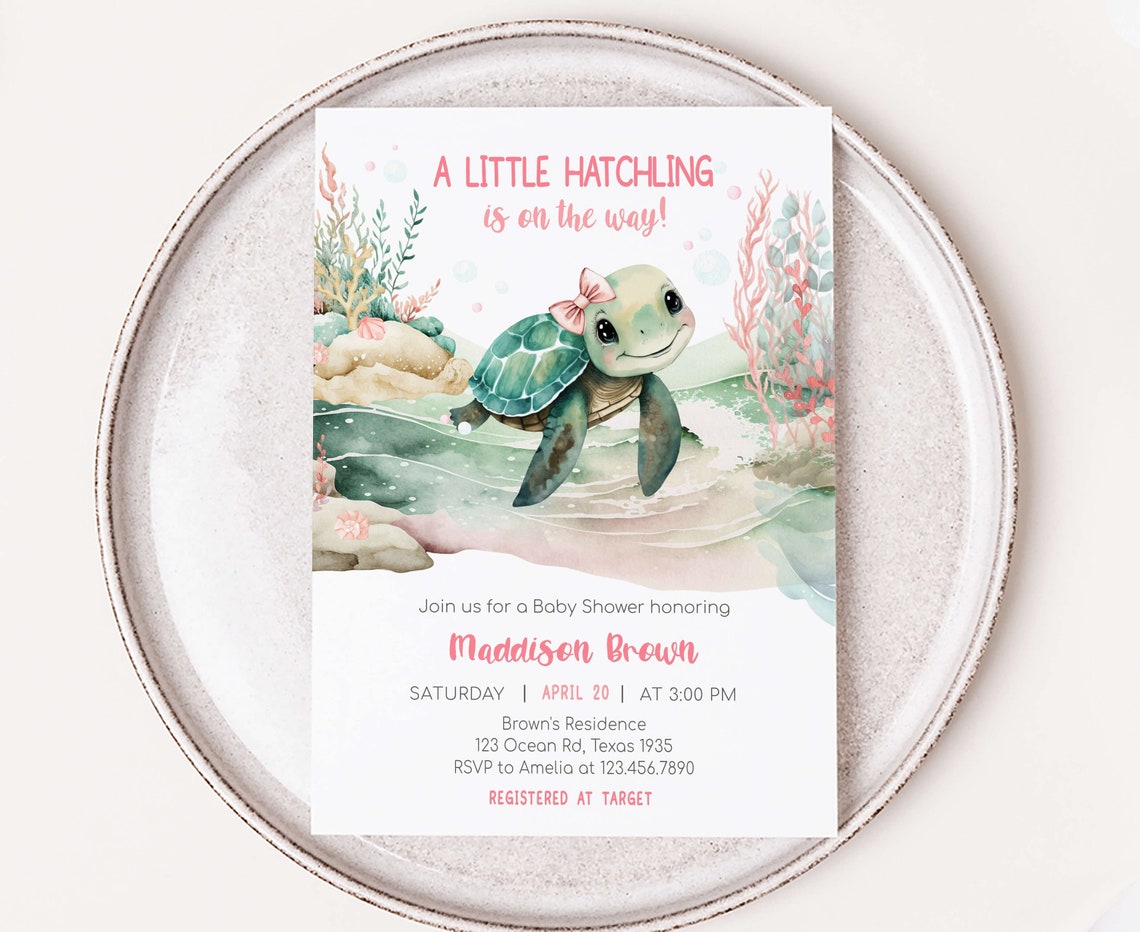 Editable Sea Turtle Baby Shower Invitation, Pink Under the Sea Baby ...