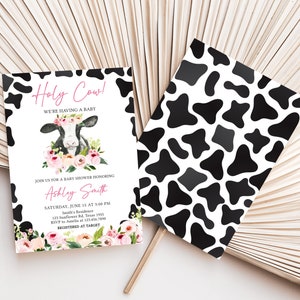 Editable Pink Highland Cow Baby Shower Invitation, Girl Holy Cow Baby ...