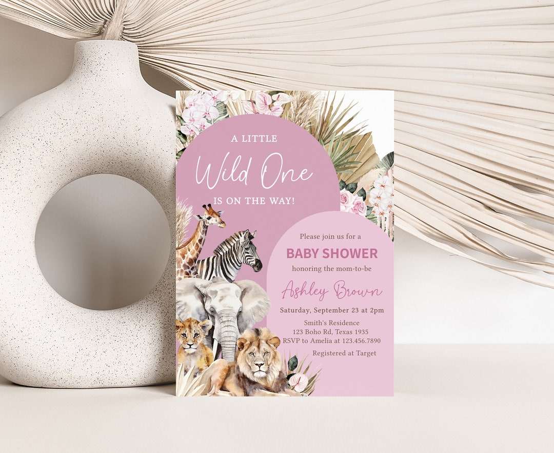 Editable Boho A Little Wild One Baby Shower Invitation, Pink Boho ...