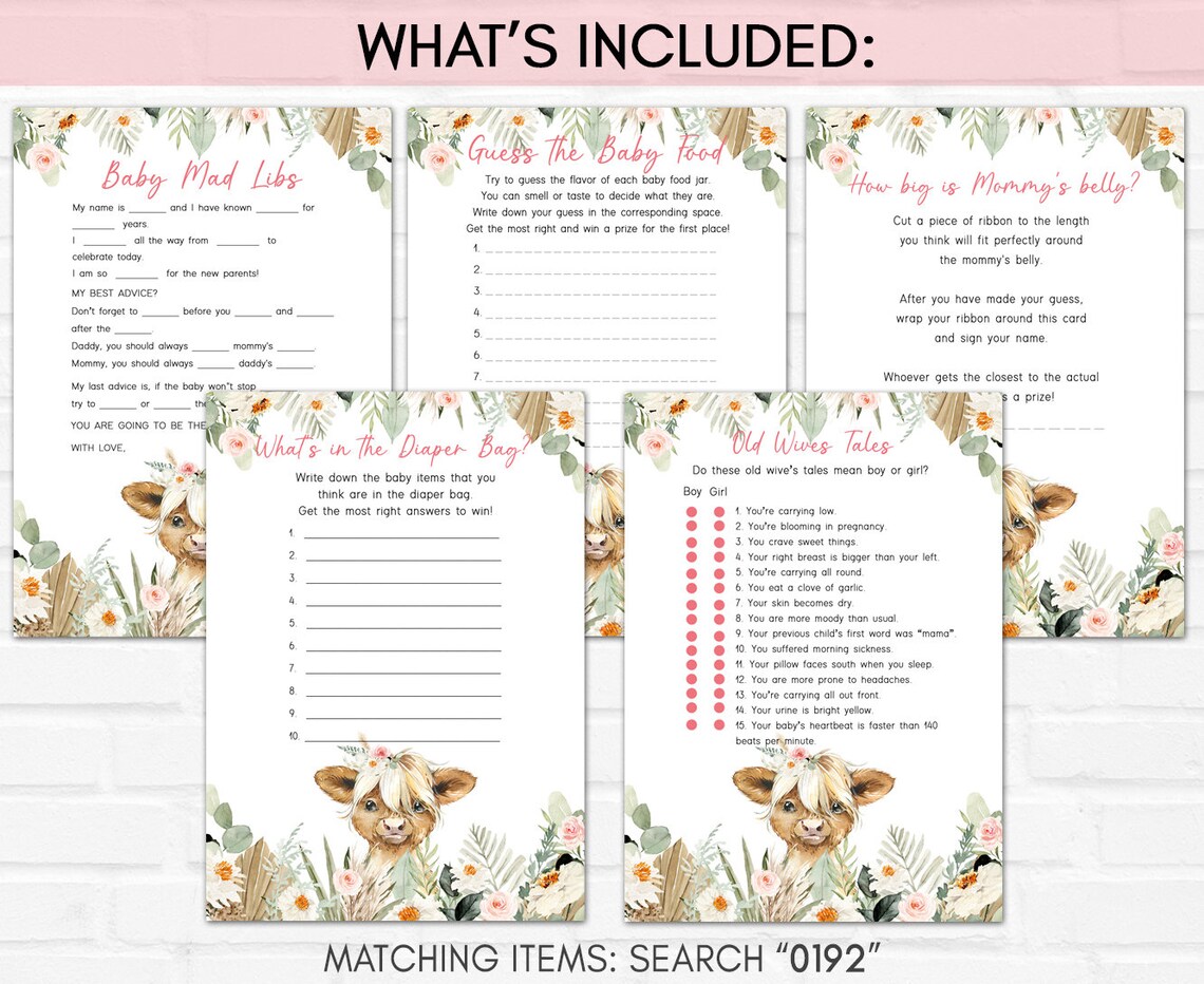 Highland Cow Baby Shower Games Bundle Pink Floral Cow Baby - Etsy