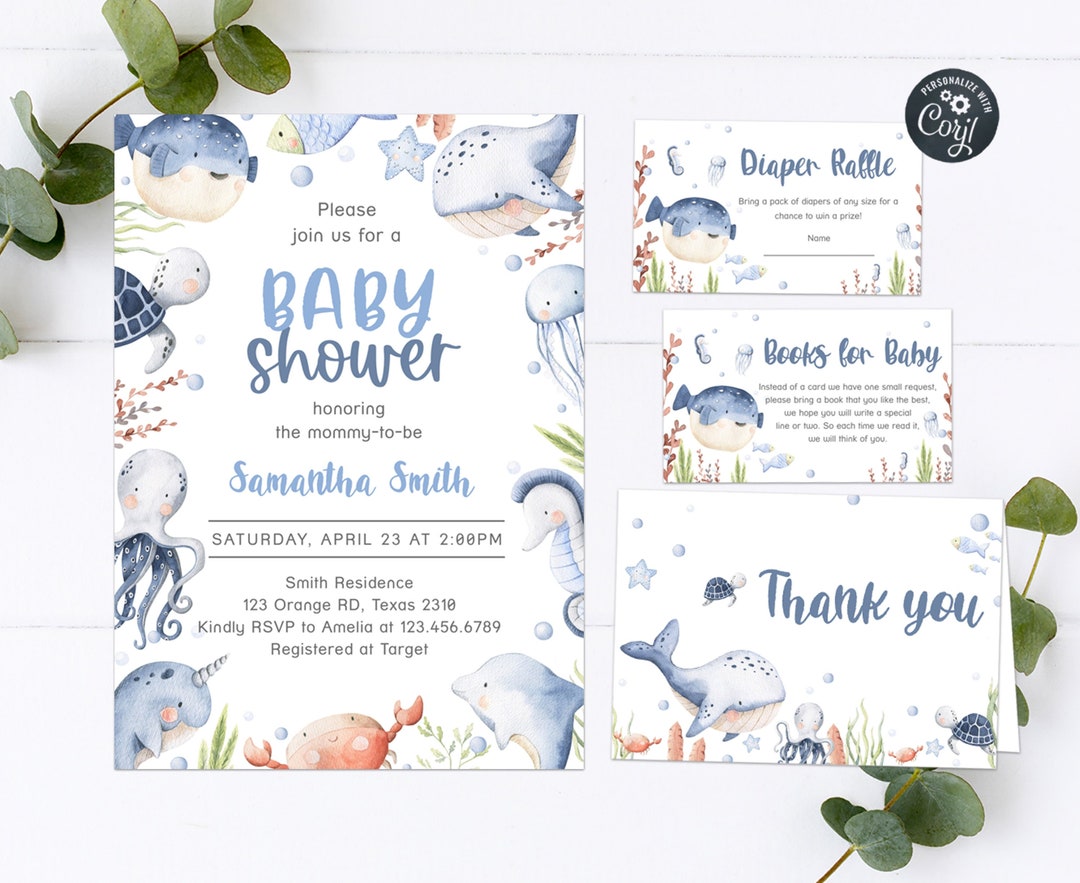 Editable Under the Sea Baby Shower Invitation Set, Ocean Baby Shower ...