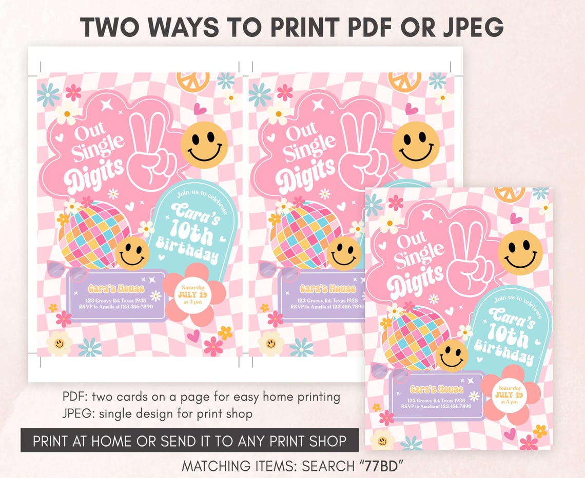 Editable Peace Out Single Digits Birthday Invitation, Retro Checkered ...
