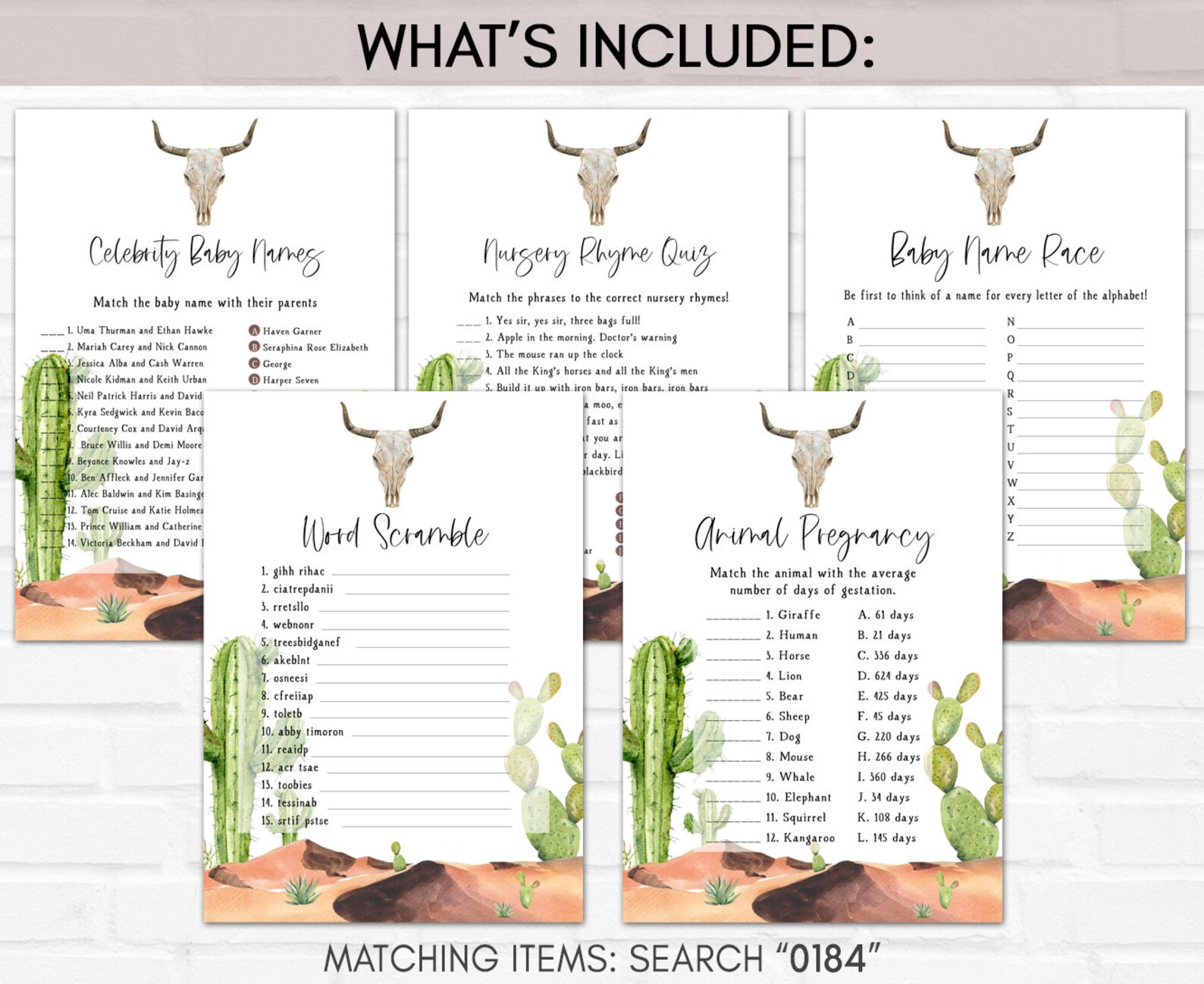 Bull Skull Baby Shower Game Bundle Southwestern Cactus Baby - Etsy