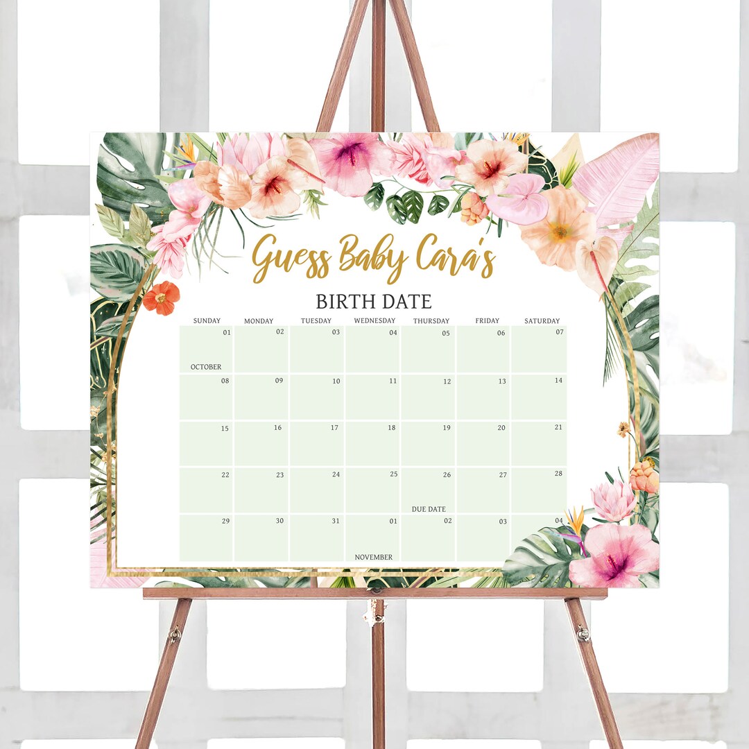 Editable Girl Floral Aloha Baby Shower Due Date Calendar, Pink Hawaiian ...