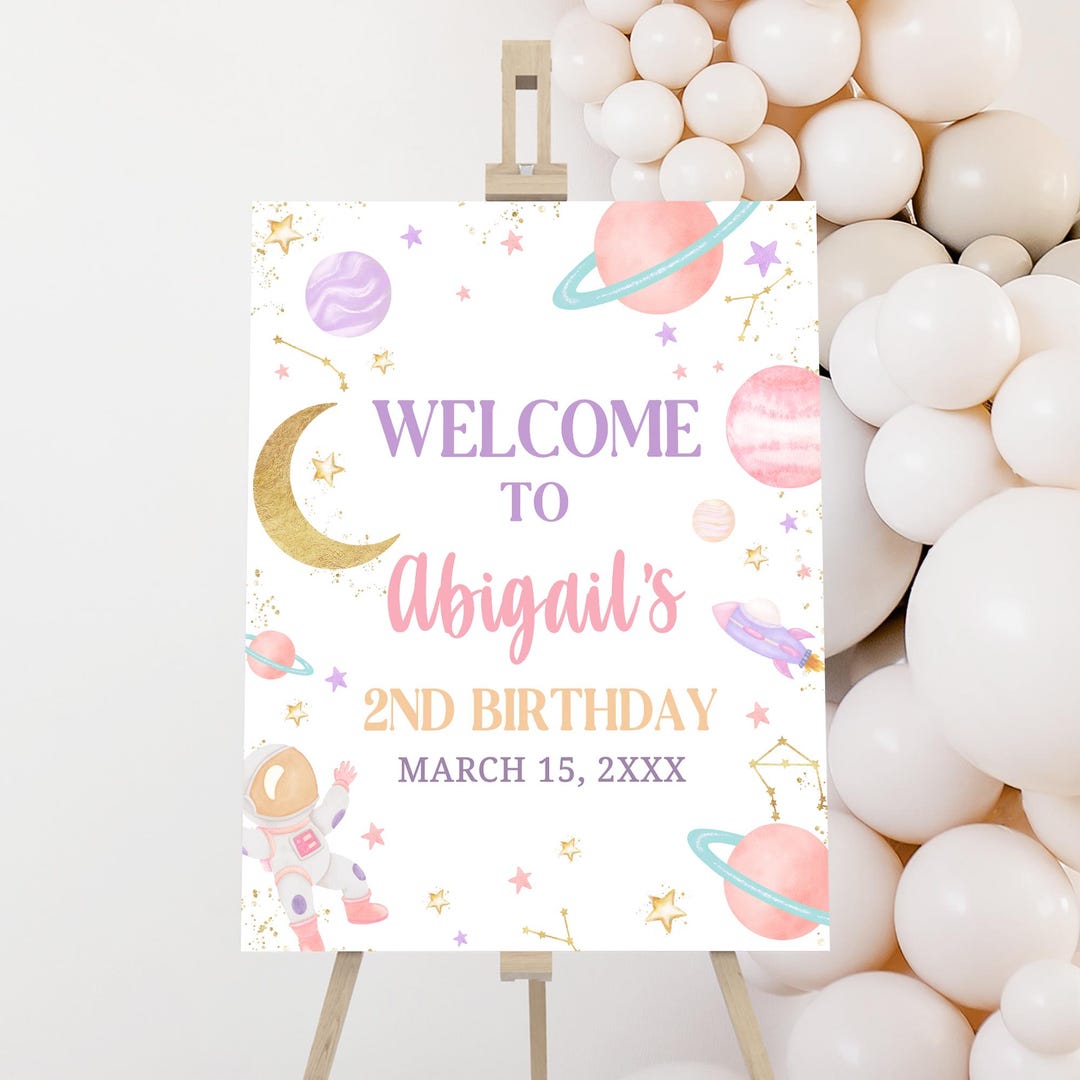 Editable Two the Moon Space Birthday Welcome Sign, Girl 2nd Birthday ...