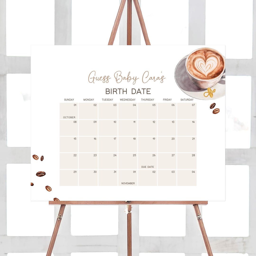Editable Coffee Bean Baby Shower Due Date Calendar, A Baby is Brewing ...