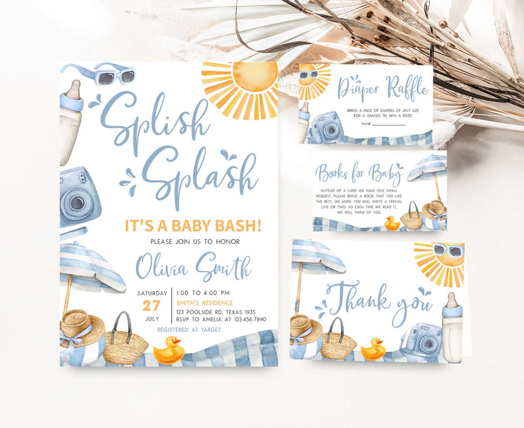 Editable Blue Beach Summer Baby Shower Invitation Bundle, Boy Splish ...