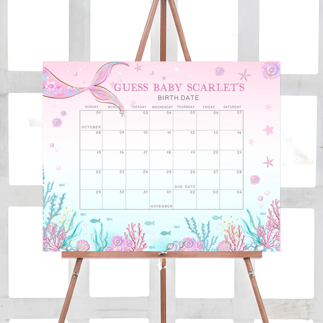 Editable Mermaid Baby Shower Due Date Calendar Under the Sea Girl Baby ...