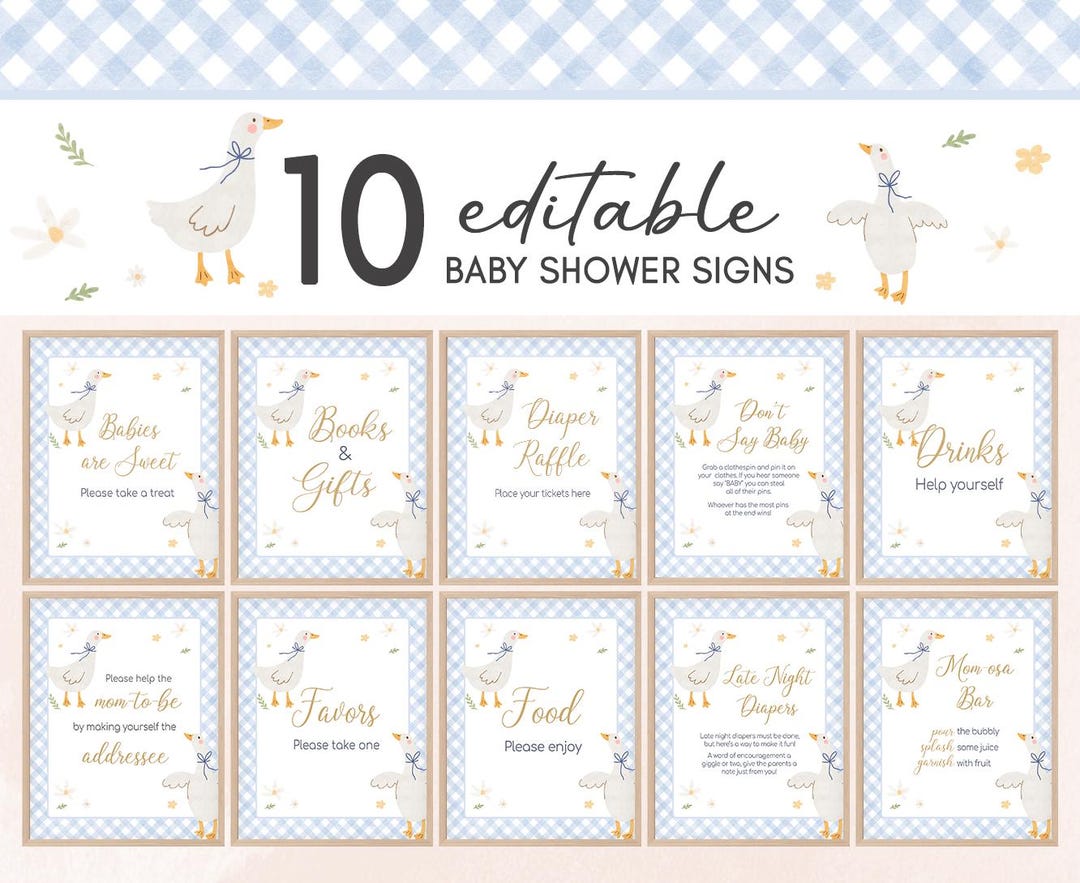Editable Silly Goose Baby Shower Table Sign, Baby Goose Blue Gingham ...