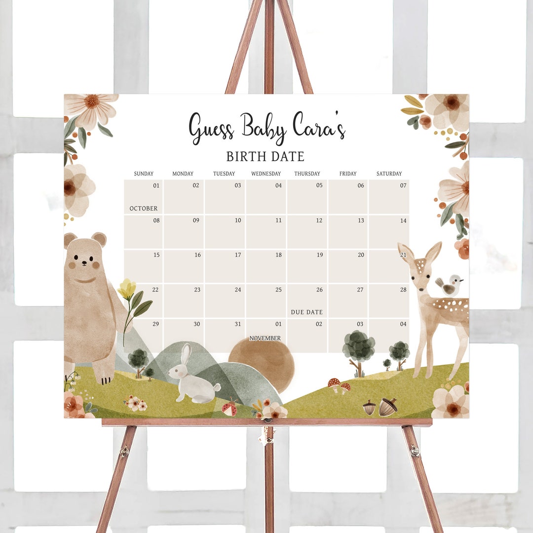 Editable Woodland Mountain Baby Shower Due Date Calendar, Boho Woodland ...