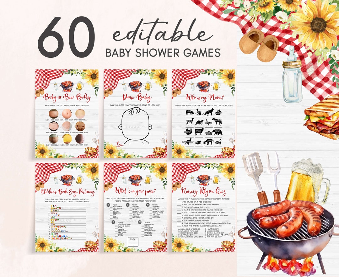 Editable Baby-q Baby Shower Games Bundle, Sunflower Couples BBQ Baby ...