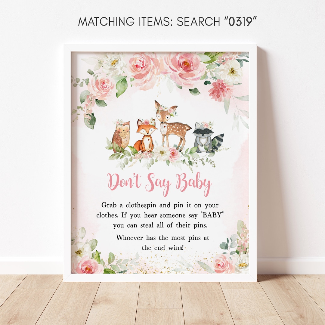 Don't Say Baby Sign Girl Woodland Baby Shower, Pink Floral Woodland ...