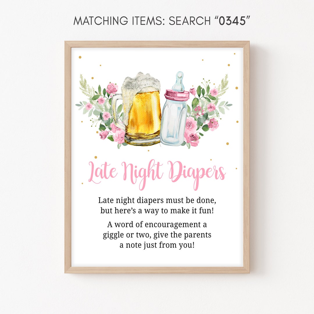 Late Night Diapers Sign Girl A Baby is Brewing Baby Shower, Pink Beer ...