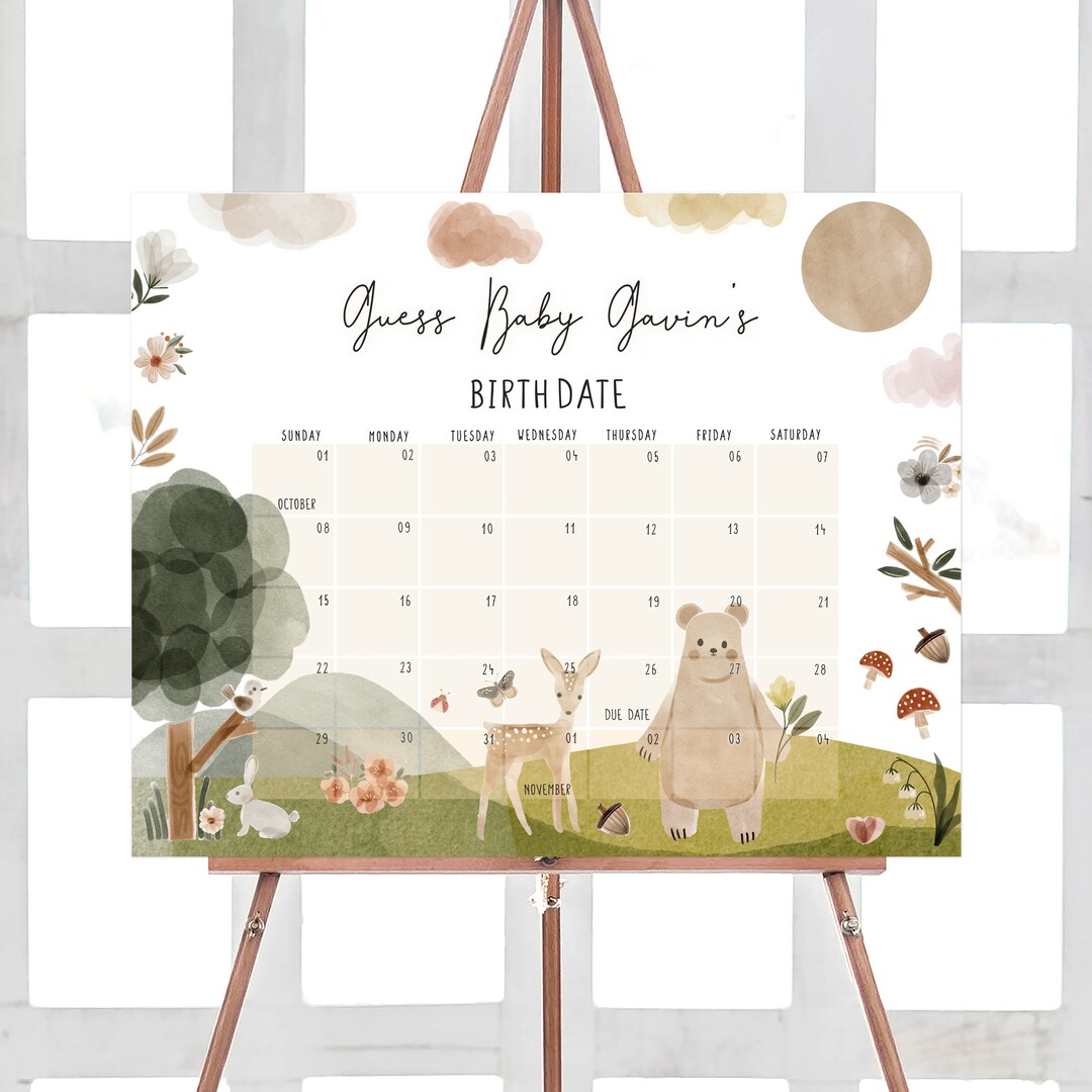Editable Boho Woodland Baby Shower Due Date Calendar, Woodland Animals ...
