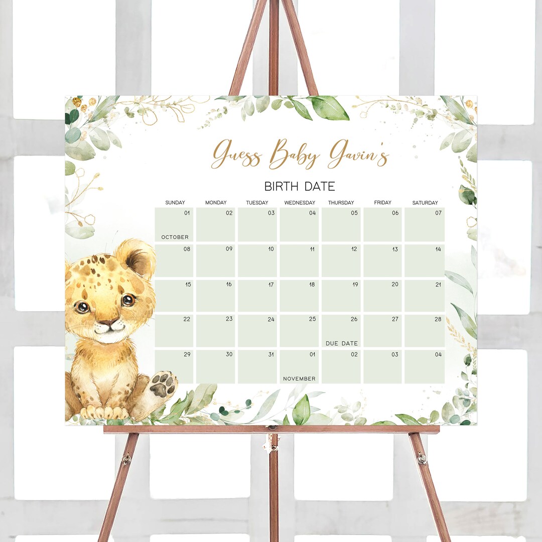 Editable Lion Baby Shower Due Date Calendar, Greenery Lion Safari Baby ...