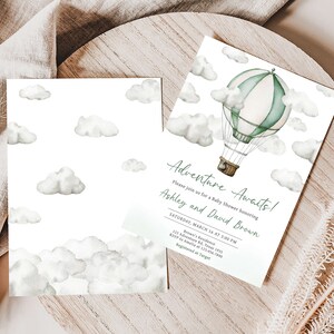 Editable Green Hot Air Balloon Baby Shower Invitation, Adventure Awaits Baby Shower Invite ...
