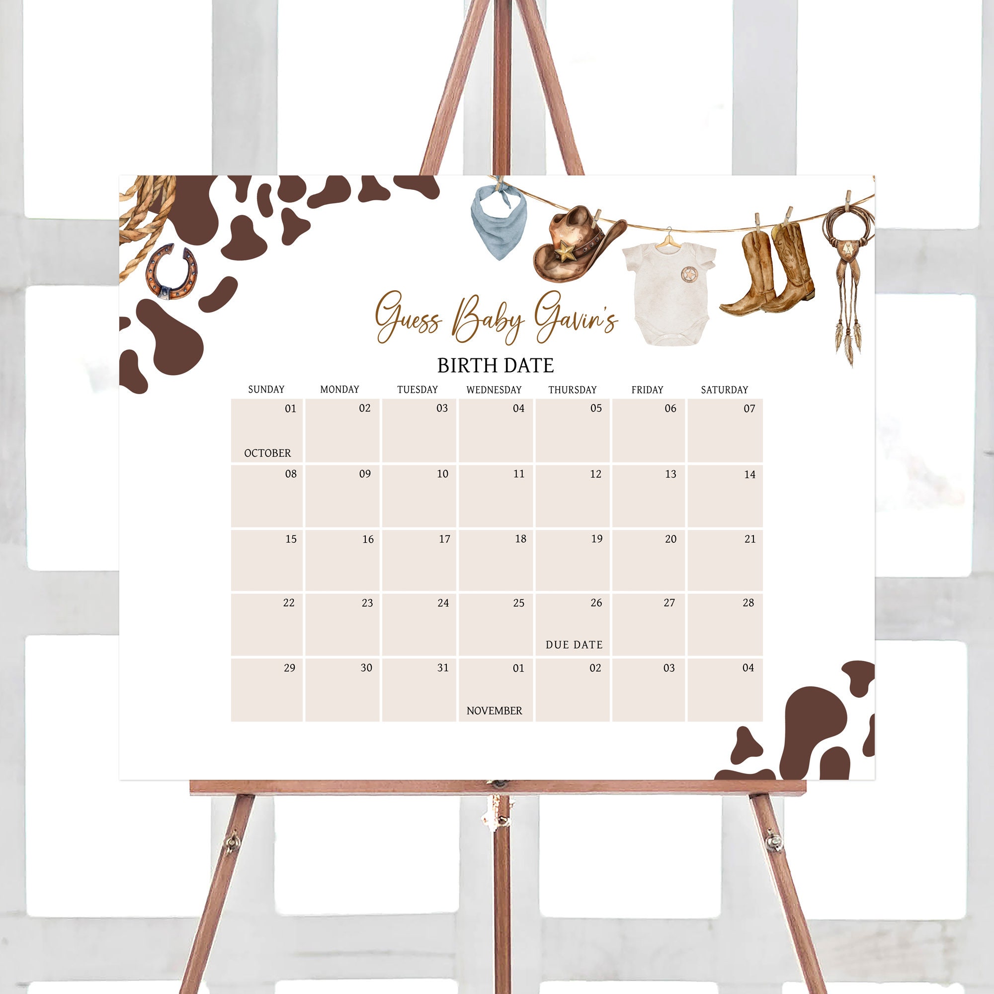 Editable Cowboy Baby Shower Due Date Calendar, Wild West Rodeo Baby ...